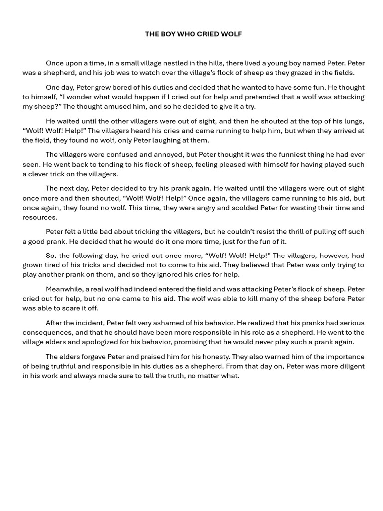 The Boy Who Cried Wolf - Plot | PDF | Shepherd