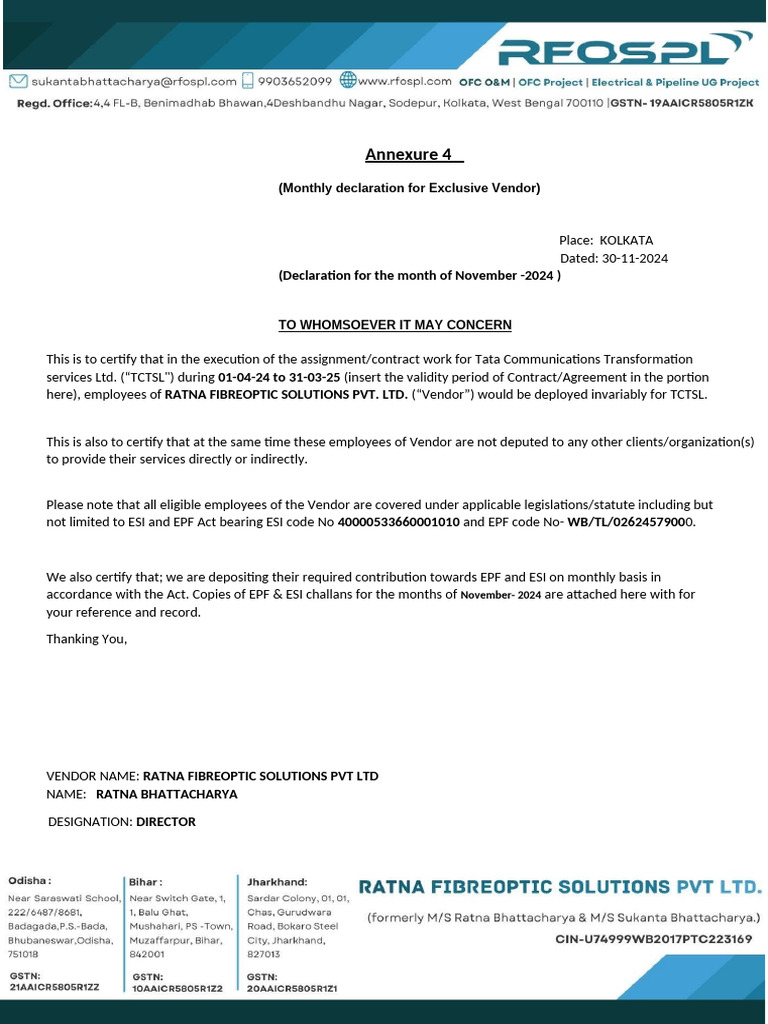 Monthly Vendor Declaration for TCTSL | PDF