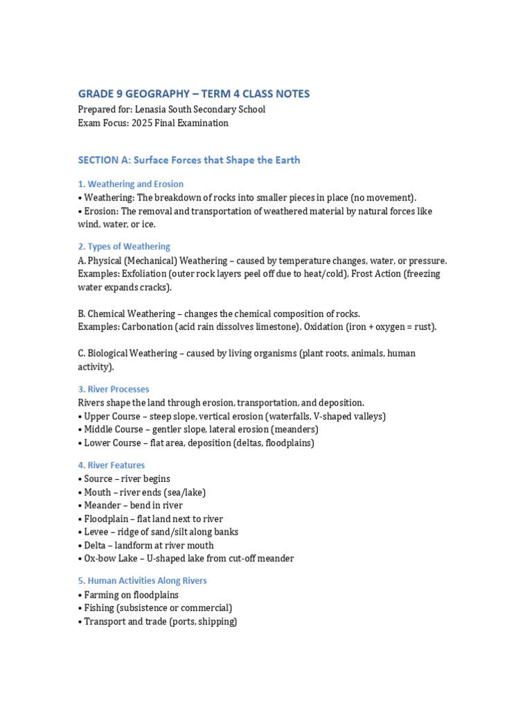 Grade 9 Geography Exam Notes 2025 | PDF | Weathering | River