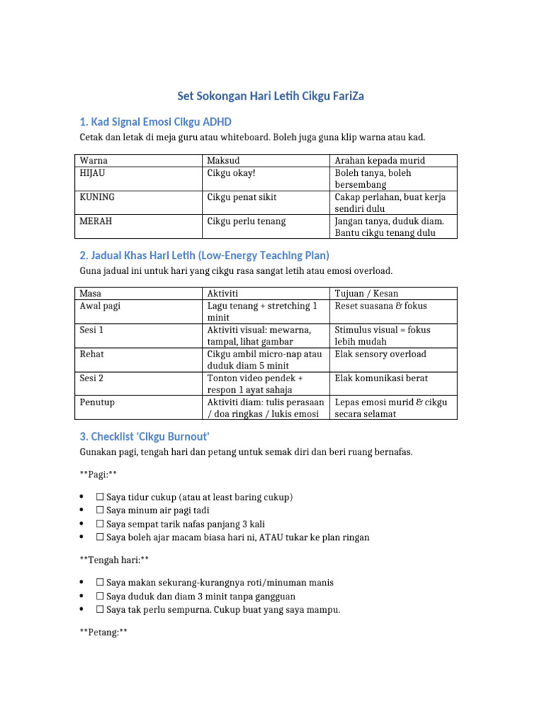 Set Sokongan Hari Letih Cikgu FariZa | PDF