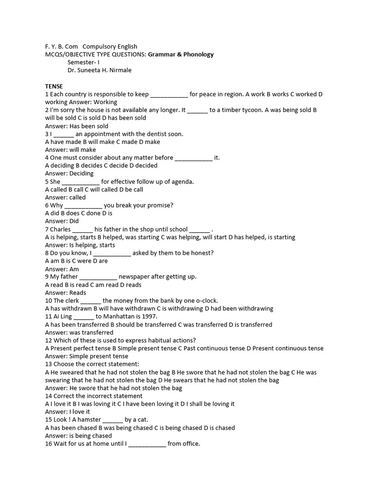 Mcqs, Grammar & Phnology | PDF | Verb | Semantics
