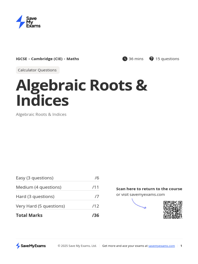IGCSE Algebra: Roots & Indices Quiz | PDF | Numbers | Discrete Mathematics