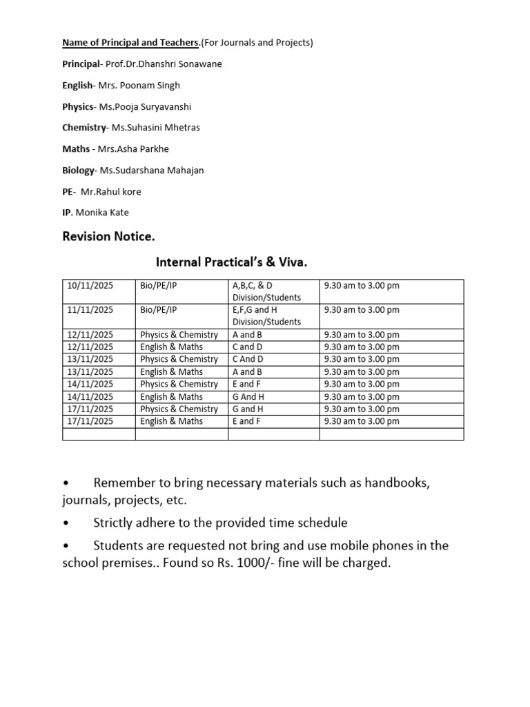 Revision Notice. Internal Practical's & Viva | PDF