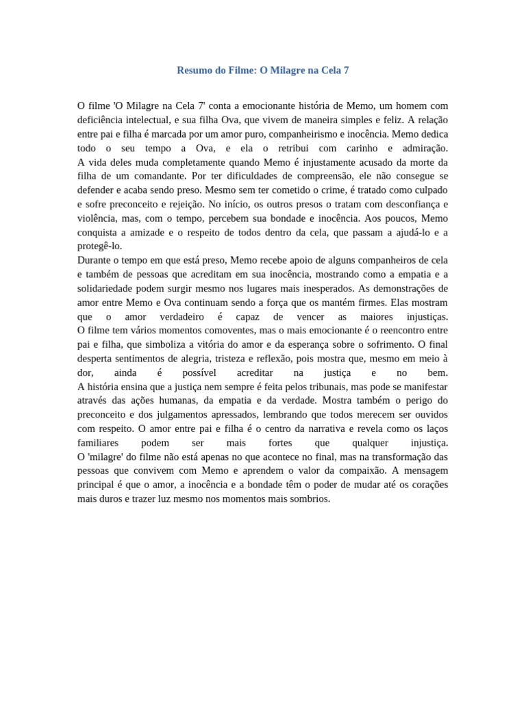 Resumo Filme O Milagre Na Cela 7 | PDF