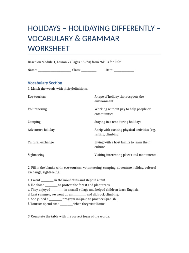 Holidaying Differently Worksheet Module1 Lesson7 | PDF | Linguistics ...