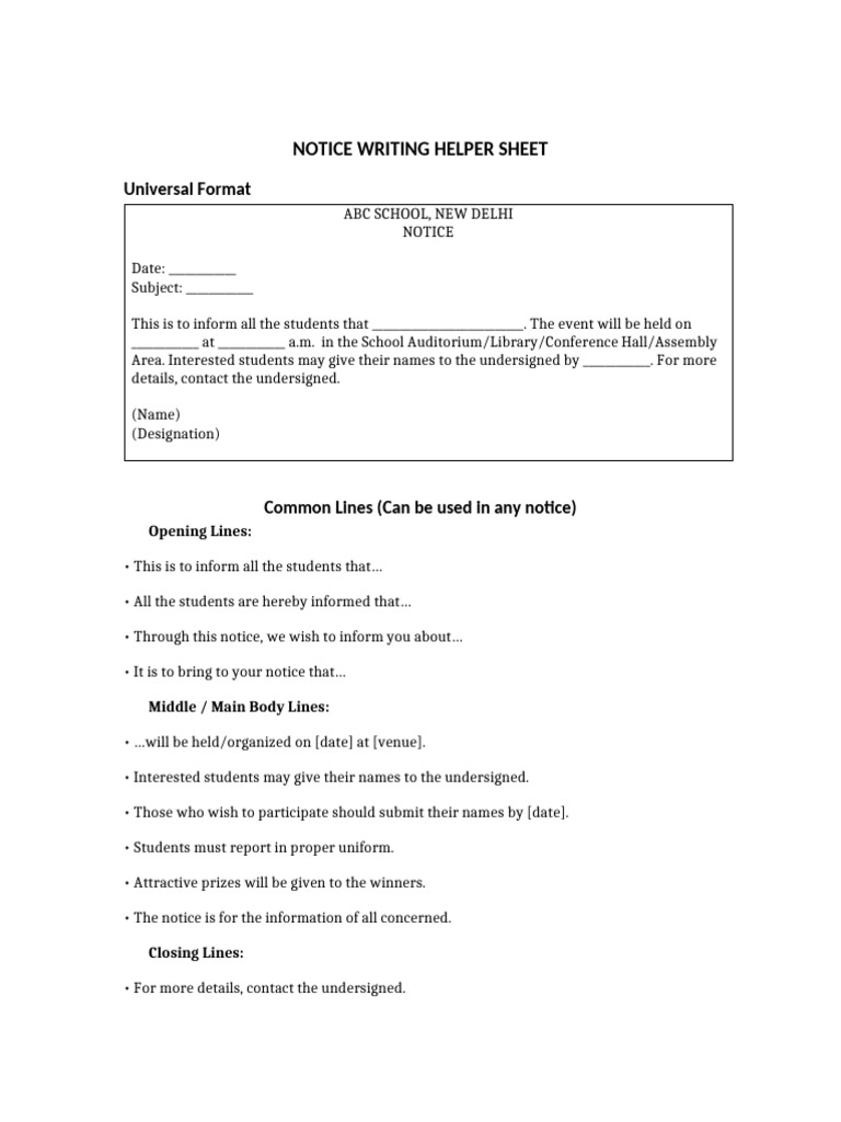 Notice Writing Helper Sheet | PDF