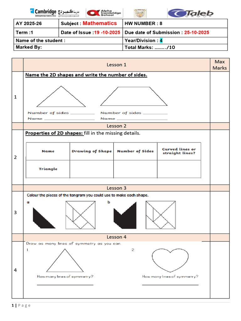 Math Homework 8: 2D Shapes & Symmetry | PDF