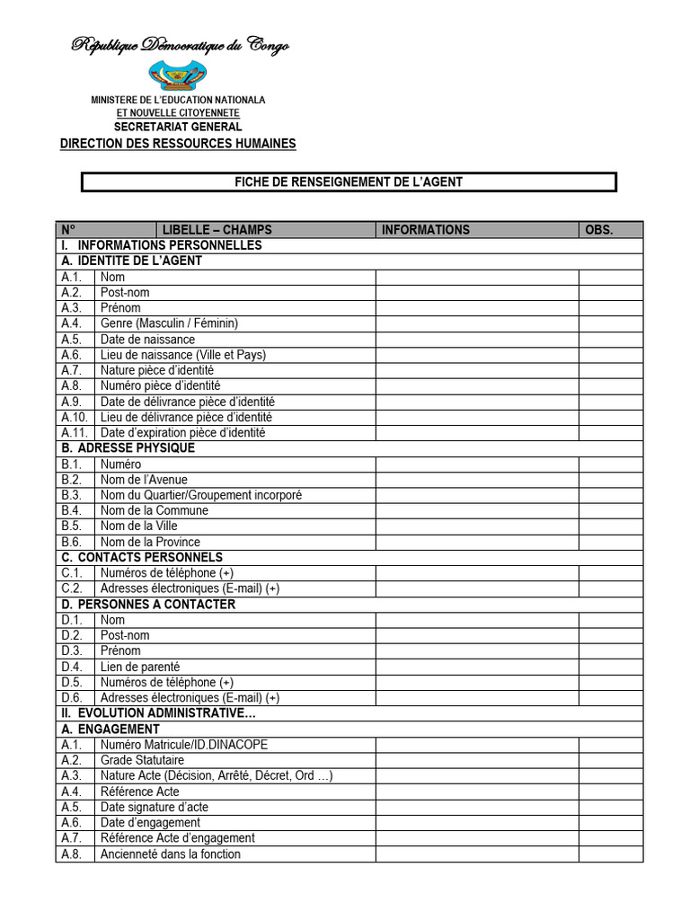 Fiche de renseignement agent administratif | PDF