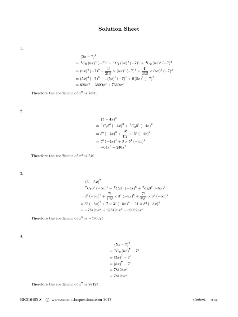 Binomial Expansion 2 Worksheet Solutions | PDF | Chess | Chess Theory
