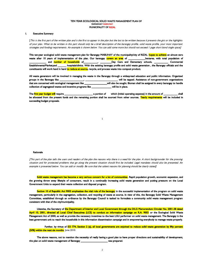 Barangay SWMP Template LGU | PDF | Waste Management | Municipal Solid Waste