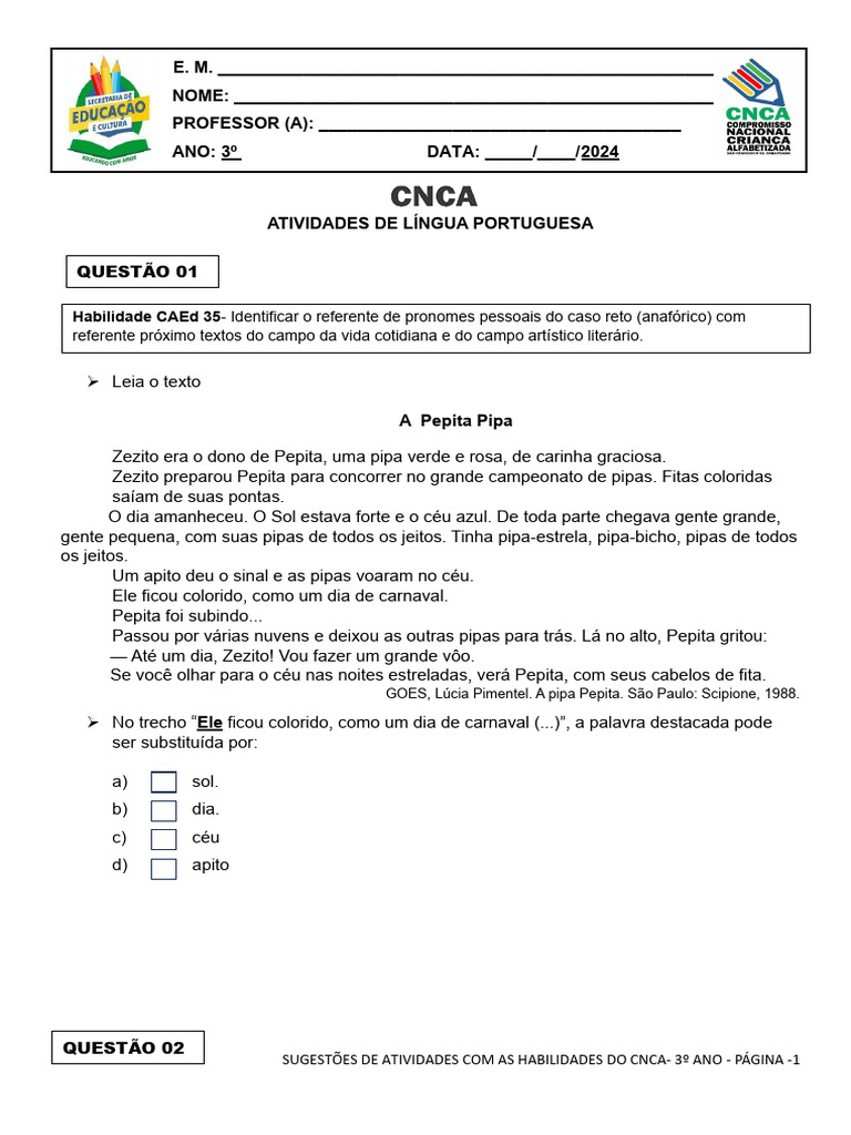 757646702 Atividade Cnca 4º Ano Portugues | PDF | Palavra