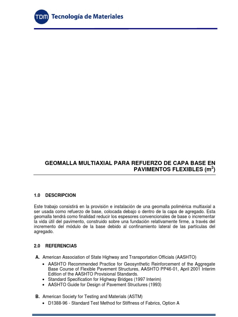 Espec TDM Geomalla Multi Axial Triax 160 Ref Base Pav Flex | PDF ...