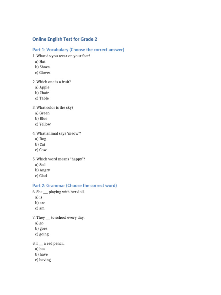 Grade 2 Online English Test | PDF