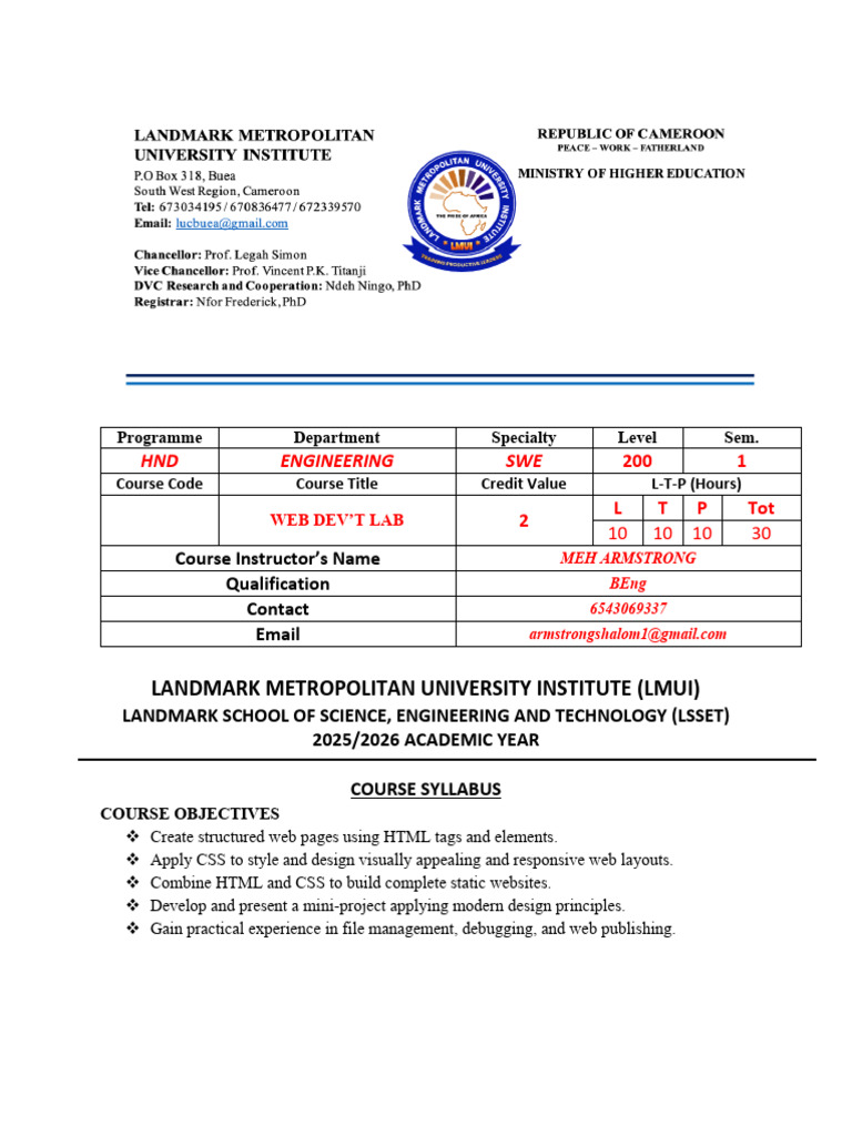 Course Outline Web Development Lab (HND 200) | PDF | Html | World Wide Web