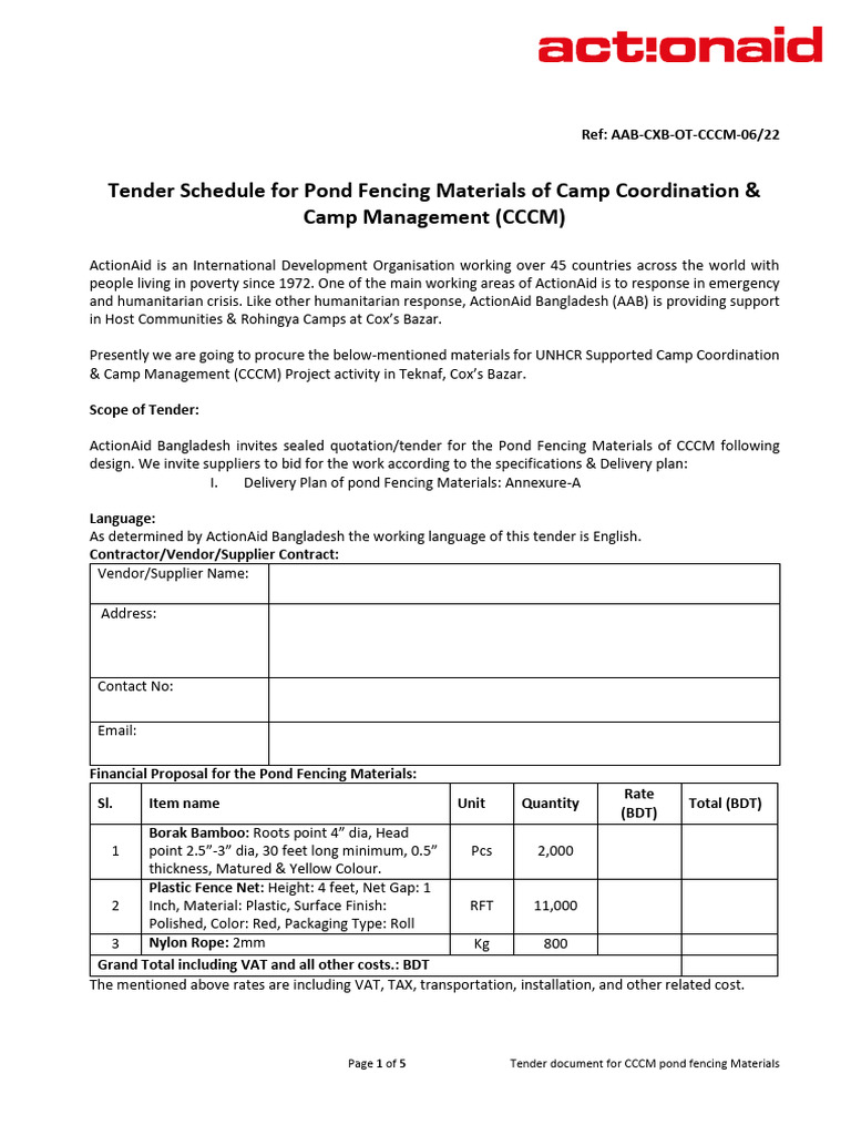 Tender Schedule - Pond Fencing Materials | PDF | Payments ...