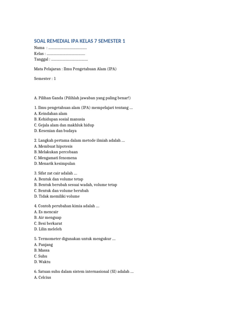 Soal Remedial IPA Kelas 7 Semester 1 | PDF