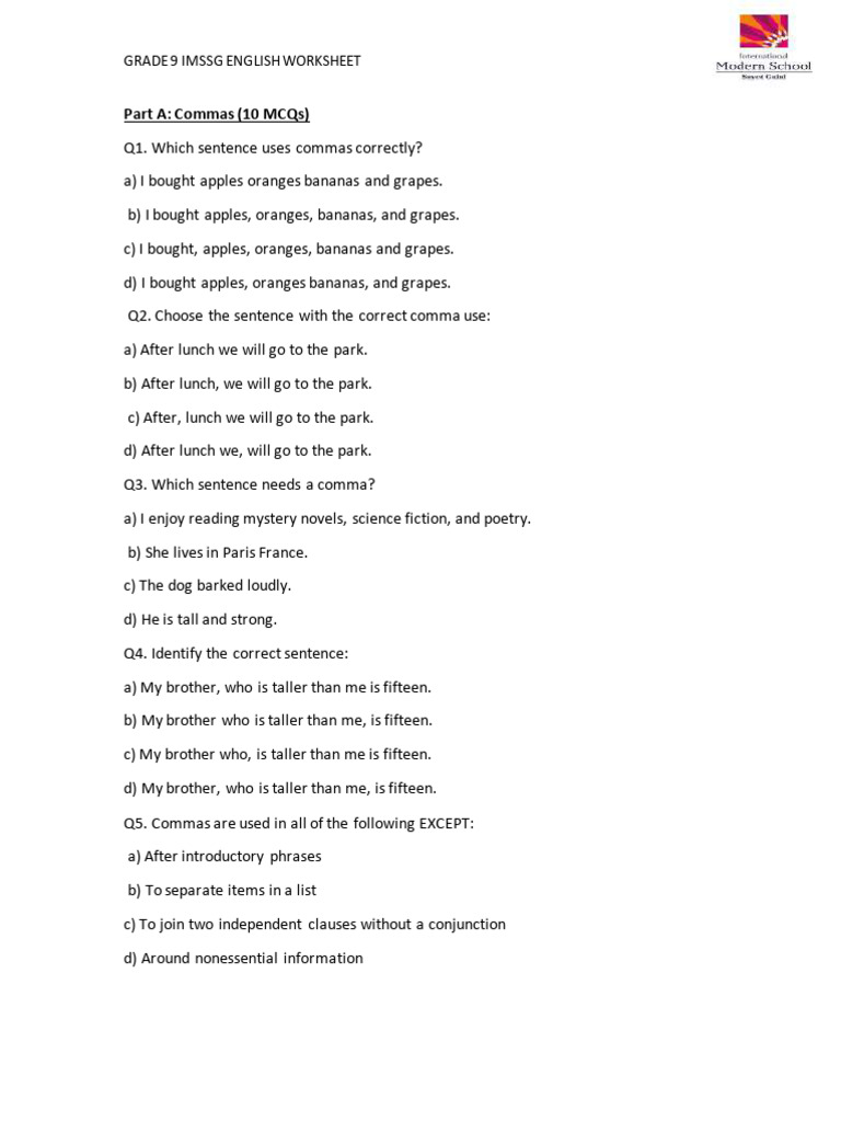 Grade 9 English Comma and Colon Quiz | PDF | Comma | Language Mechanics