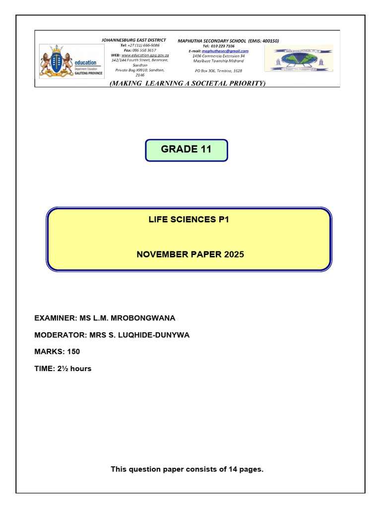 Grade 11 Life Sciences Exam Paper | PDF | Cellular Respiration ...