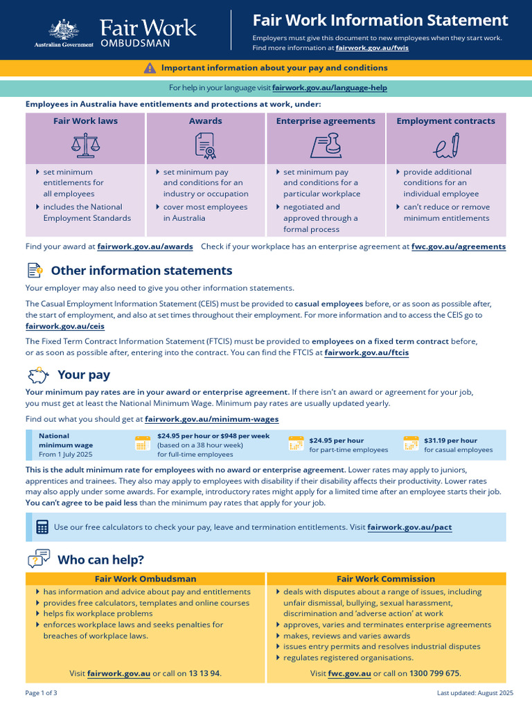 Fair Work Information Statement 2025 | PDF | Employment | Social Policy