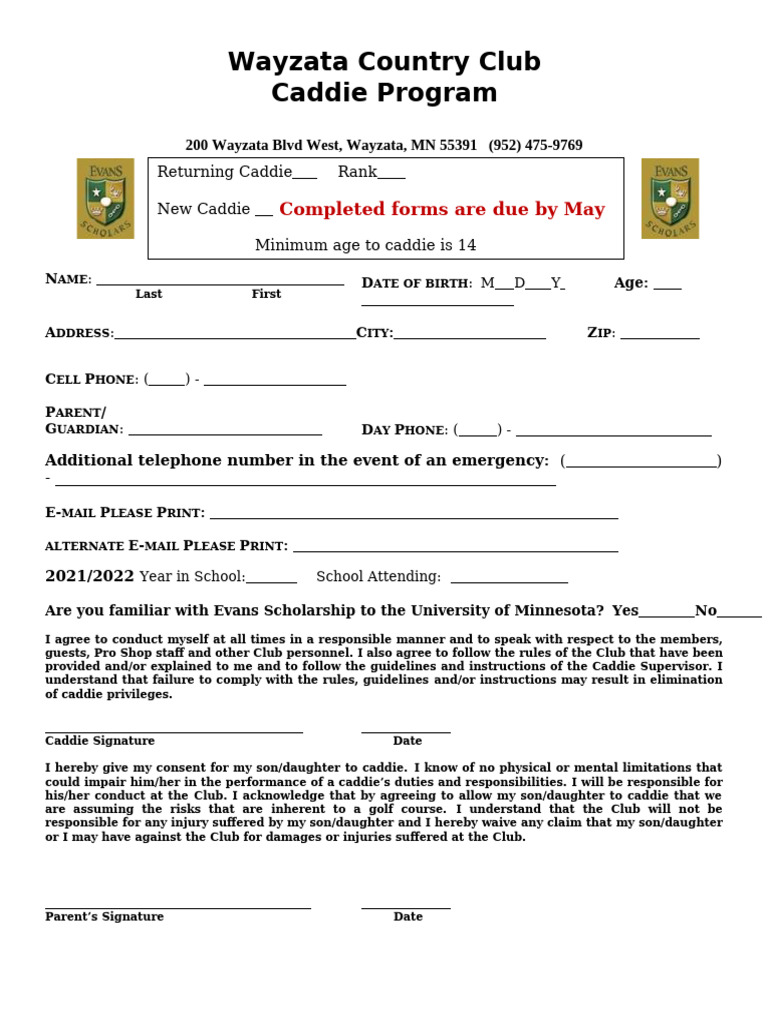 Wayzata Country Club Caddie Program Form | PDF