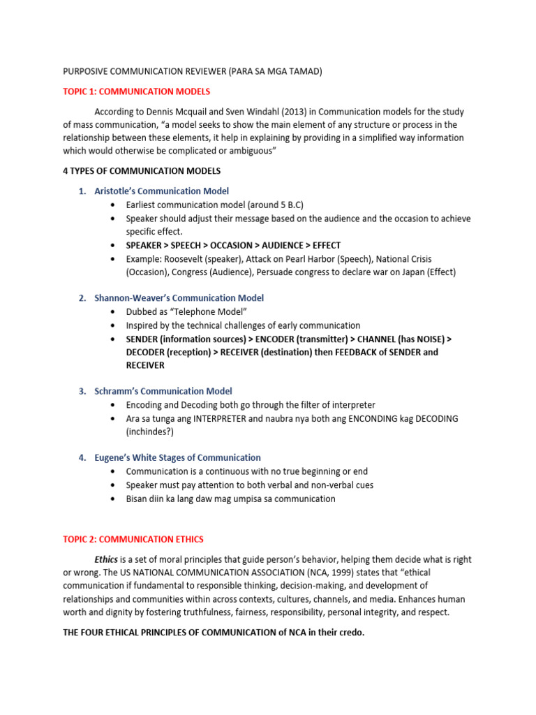 Purposive Communication Models & Ethics | PDF | Public Speaking ...
