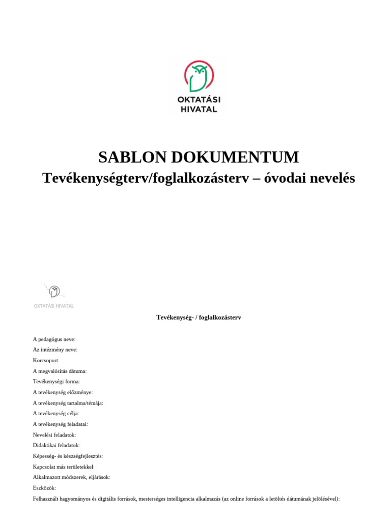 Sablon Ovoda Foglalkozasterv | PDF