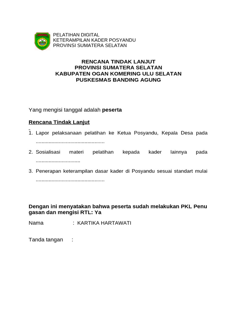 Formulir RTL Peserta Keterampilan Dasar Kader (1) - 2 | PDF