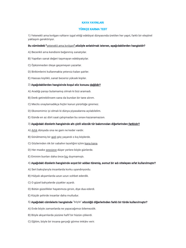 Kaya Yayinlari Turkce Karma Test | PDF