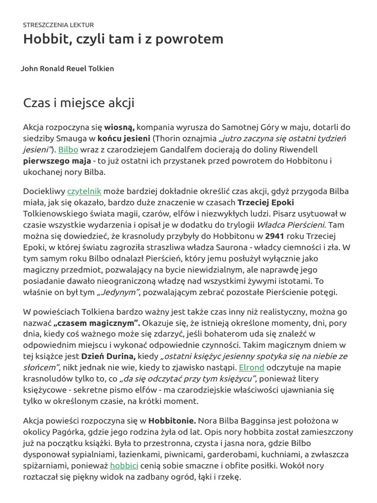 Hobbit, Czyli Tam I Z Powrotem - Czas I Miejsce Akcji - John Ronald ...