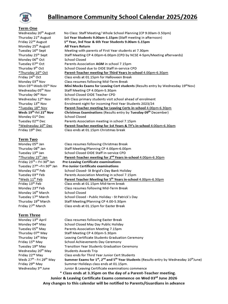 Ballinamore School Calendar 2025/26 | PDF