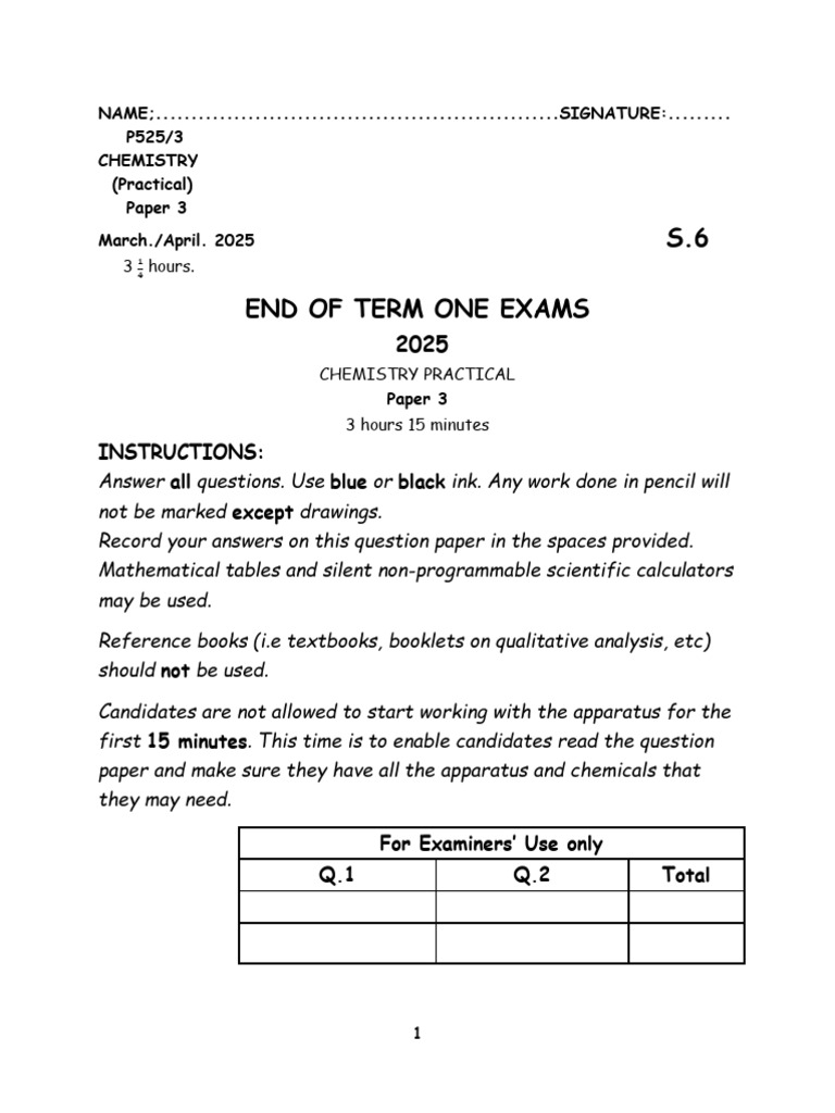 S.6 EOT PRACTICAL TEST Term 1-2 | PDF | Sodium | Acid