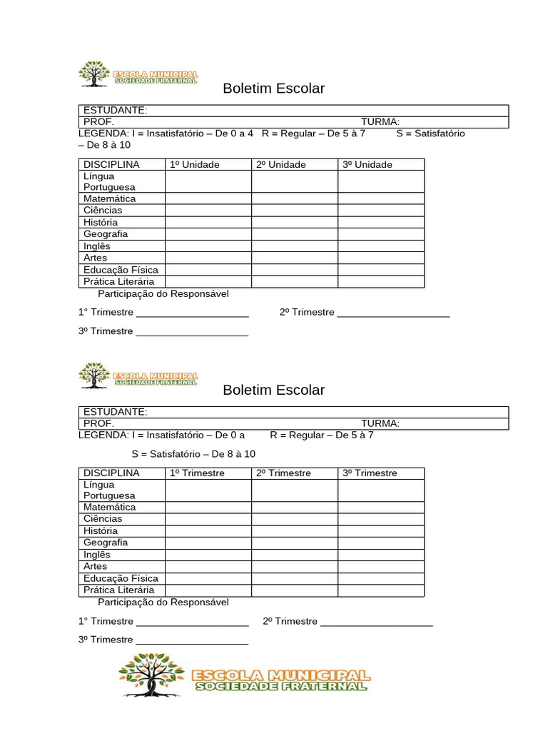 Modelo de Boletim Escolar 2025 | PDF