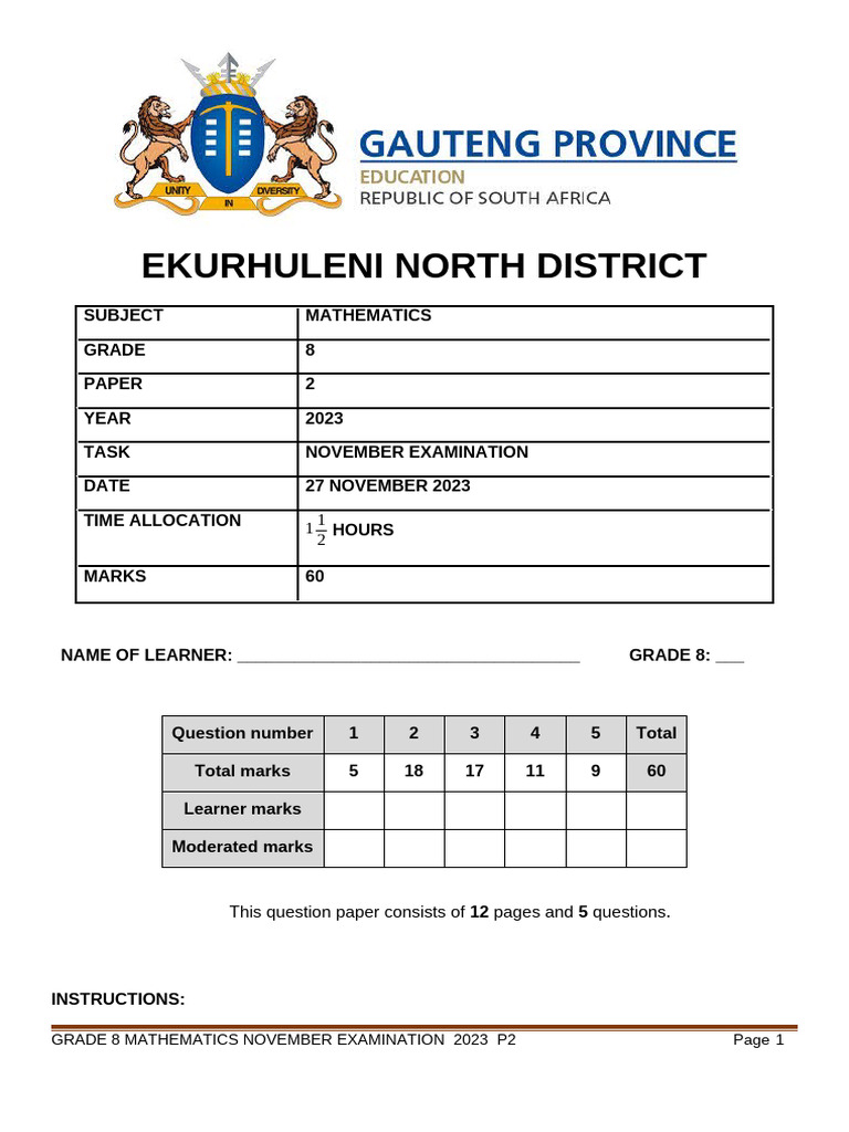 Grade 8 Math Exam Paper 2 2023 | PDF | Multiple Choice | Chess
