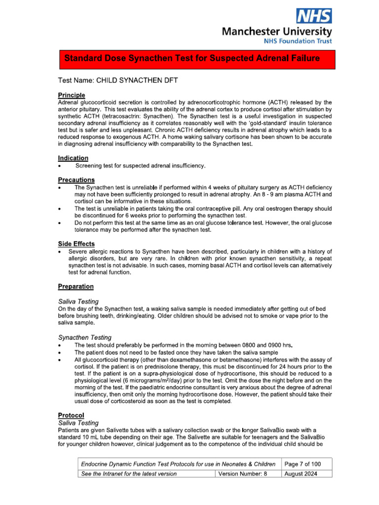 Standard Dose Synacthen Test For Suspected Adrenal Insufficiency (MFT ...