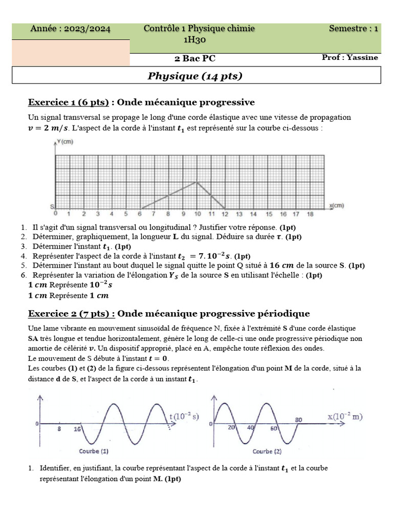 Contrôle 1 Physique-Chimie Bac PC 2023 | PDF | Vagues | Phénomène physique