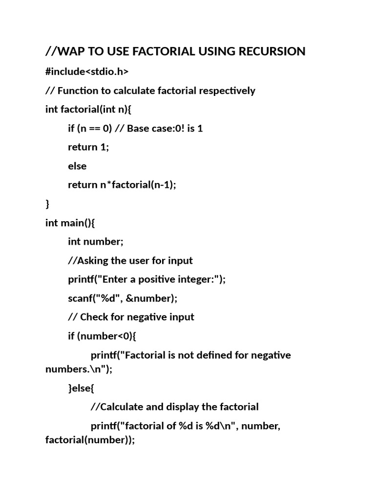 Wap To Use Factorial Using Recursion | PDF