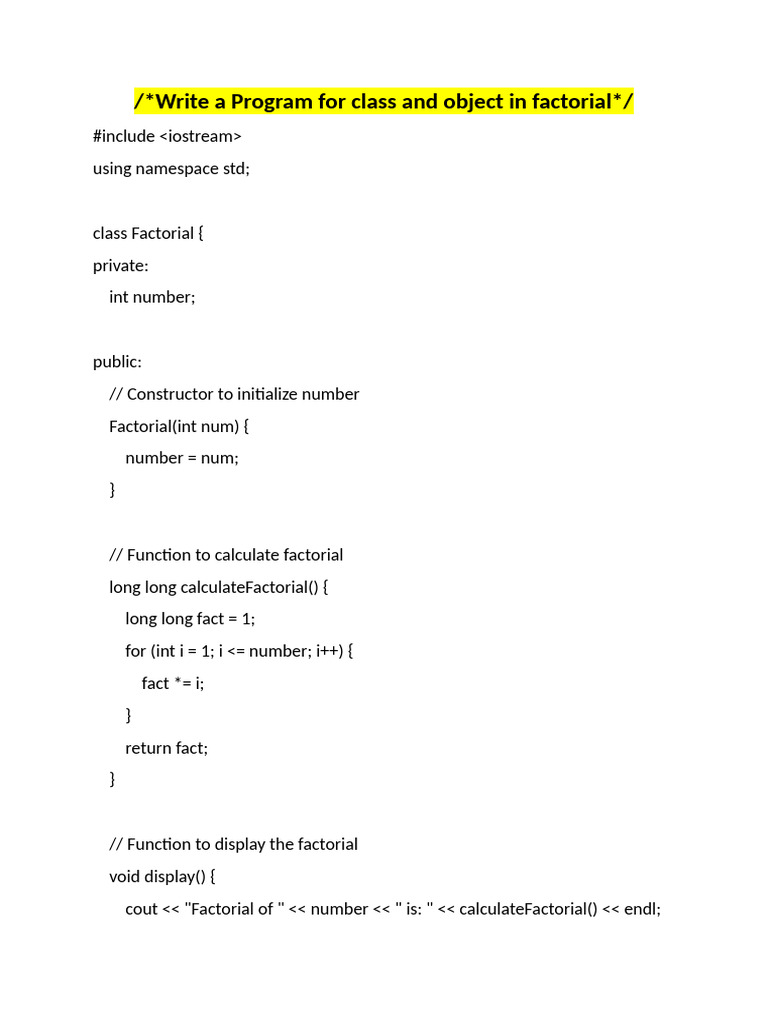 Write A Program For Class and Object in Factorial | PDF