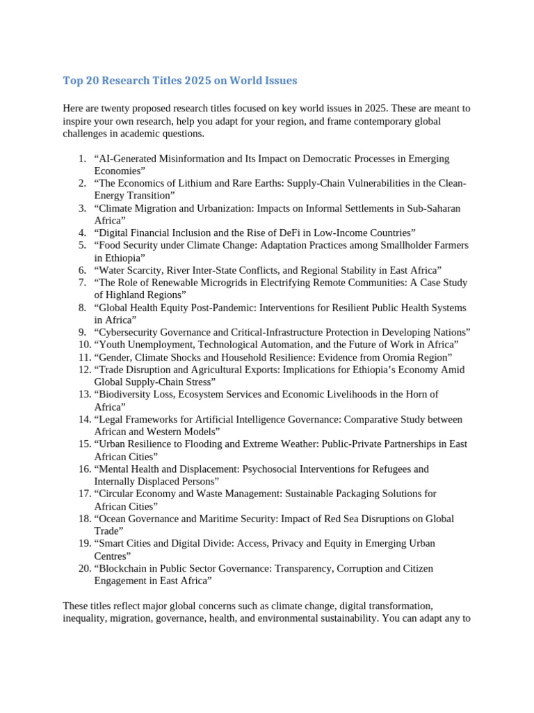 Top 20 Research Titles on Global Issues 2025 | PDF | Climate Resilience ...