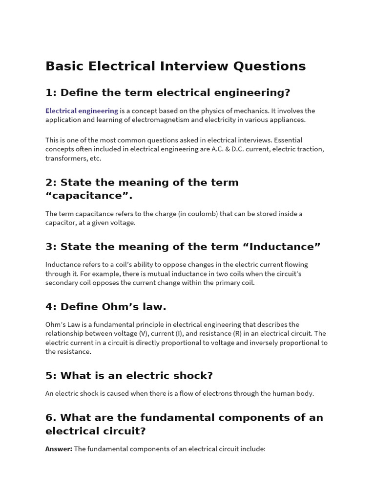 Basic Electrical Interview Questions | PDF | Inductor | Inductance