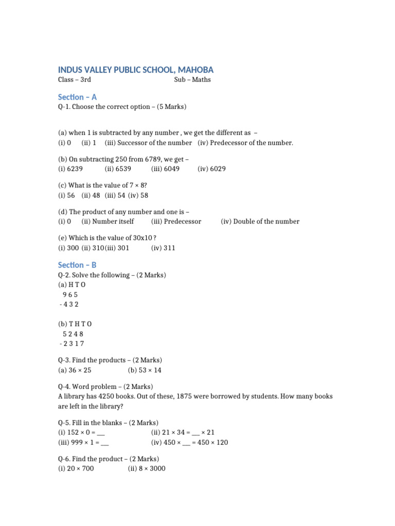 Class 3 Maths Worksheet | PDF