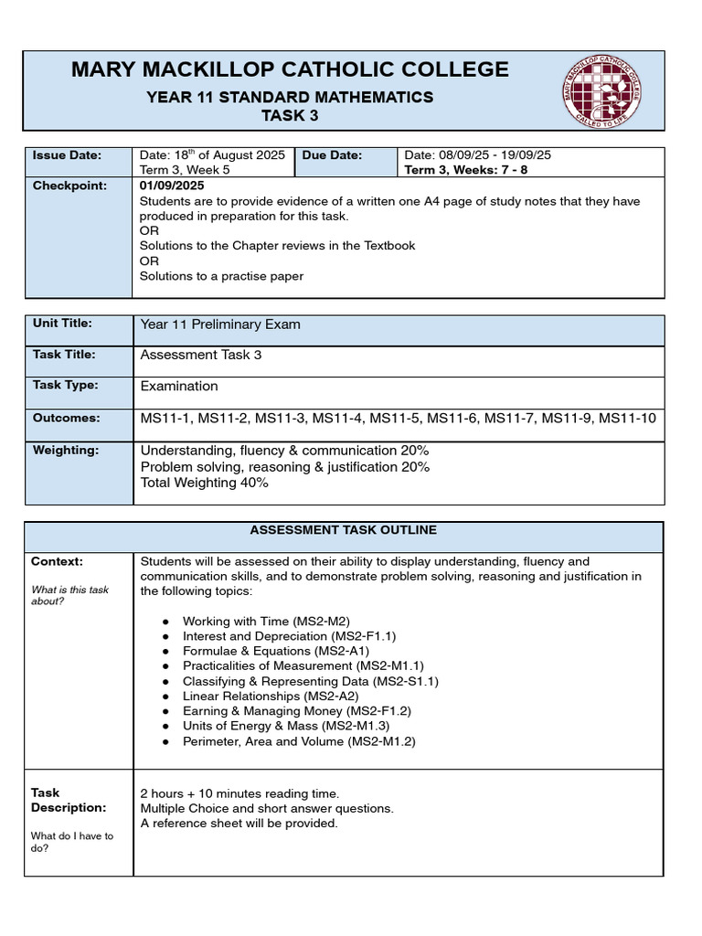 2025 Year 11 Assessment Task Notification - Preliminary Exam | PDF | Learning