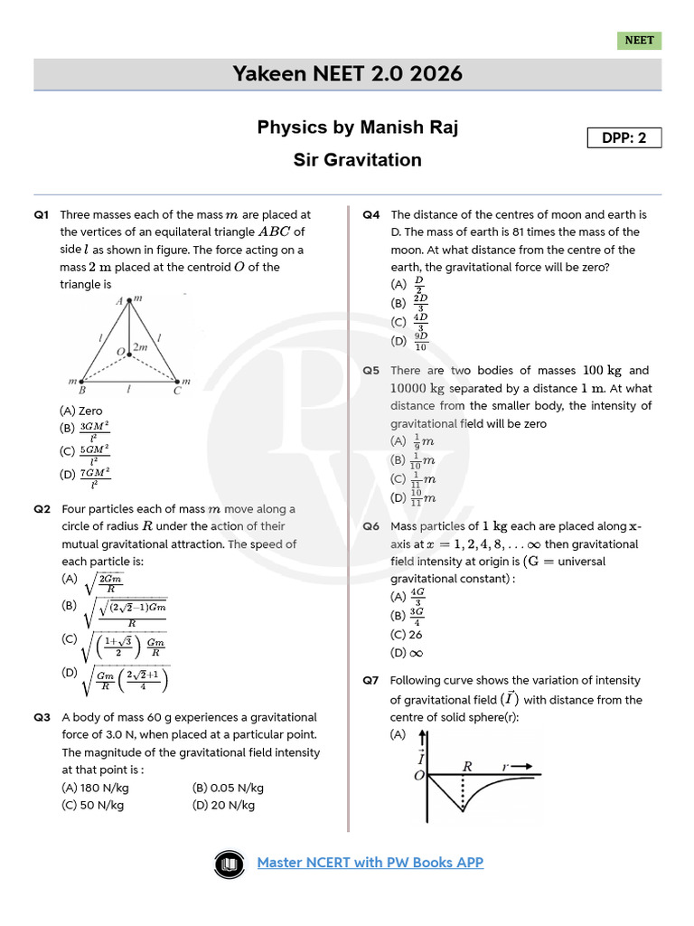 Gravitation DPP 02 (Of Lec-4) Physics by Manish Raj Sir | PDF | Mass | Gravity