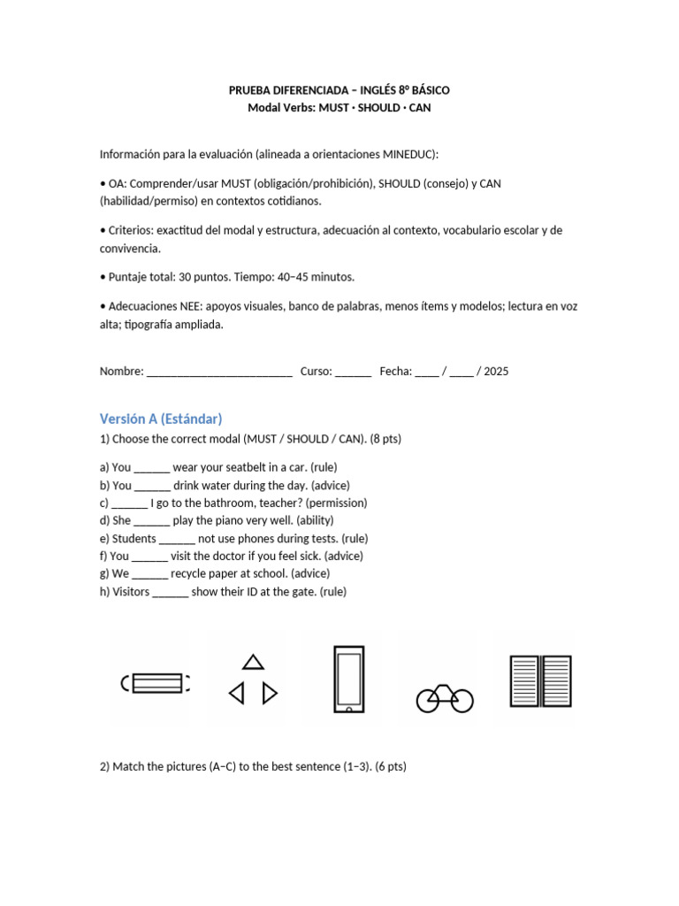 Modal Verbs Assessment for 8th Grade English | PDF
