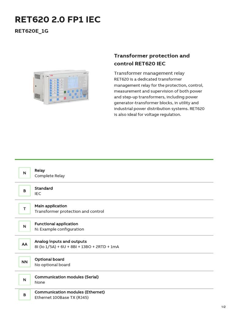 Transformer Management Relay RET620 | PDF