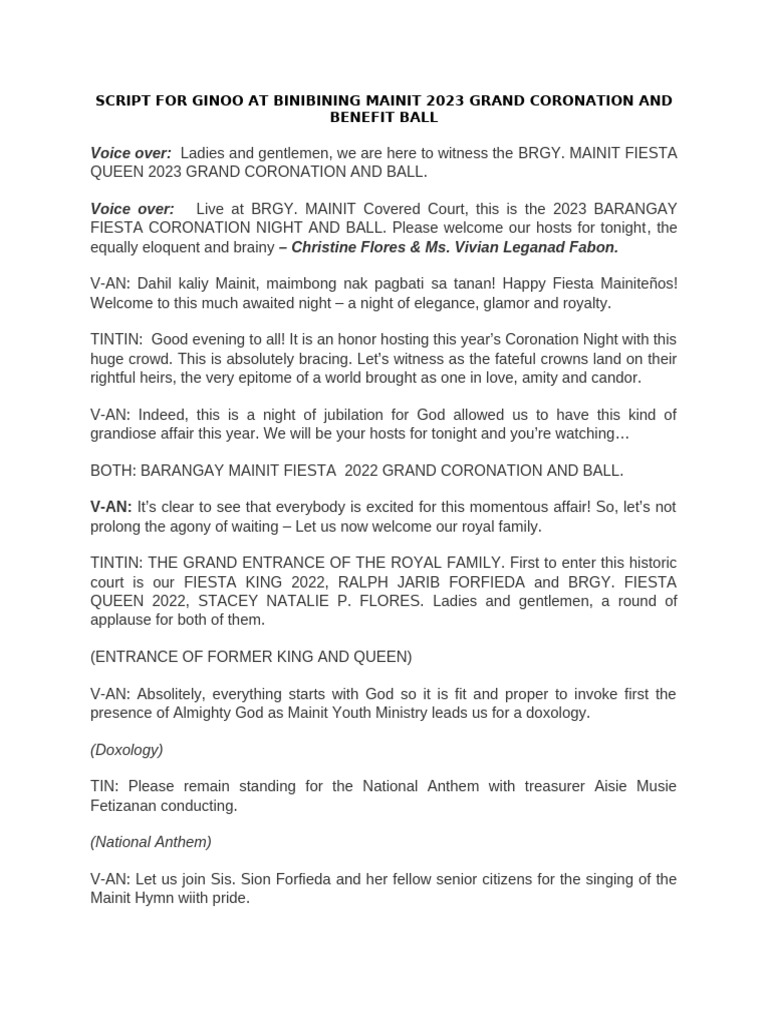 Mainit Fiesta 2023 Coronation Script | PDF