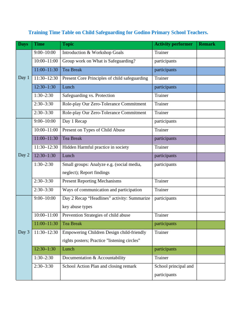 Training Time Table On Child Safeguarding | PDF