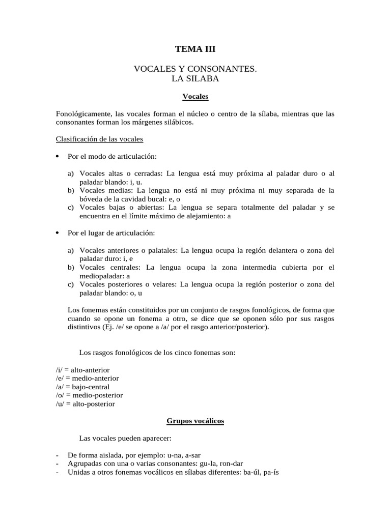 Tema III-Vocales y Consonantes - La Silaba | PDF | Vocal | Sílaba
