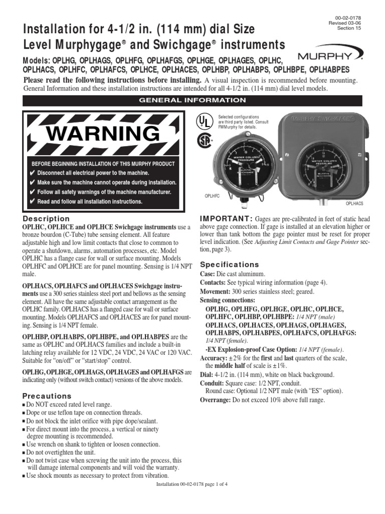 Installation Instructions - 4.5" Murphy LevelGauge | PDF | Switch ...