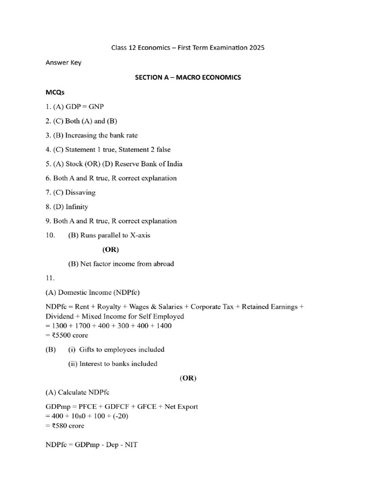 Set 1 Answer Key XII Economics | PDF