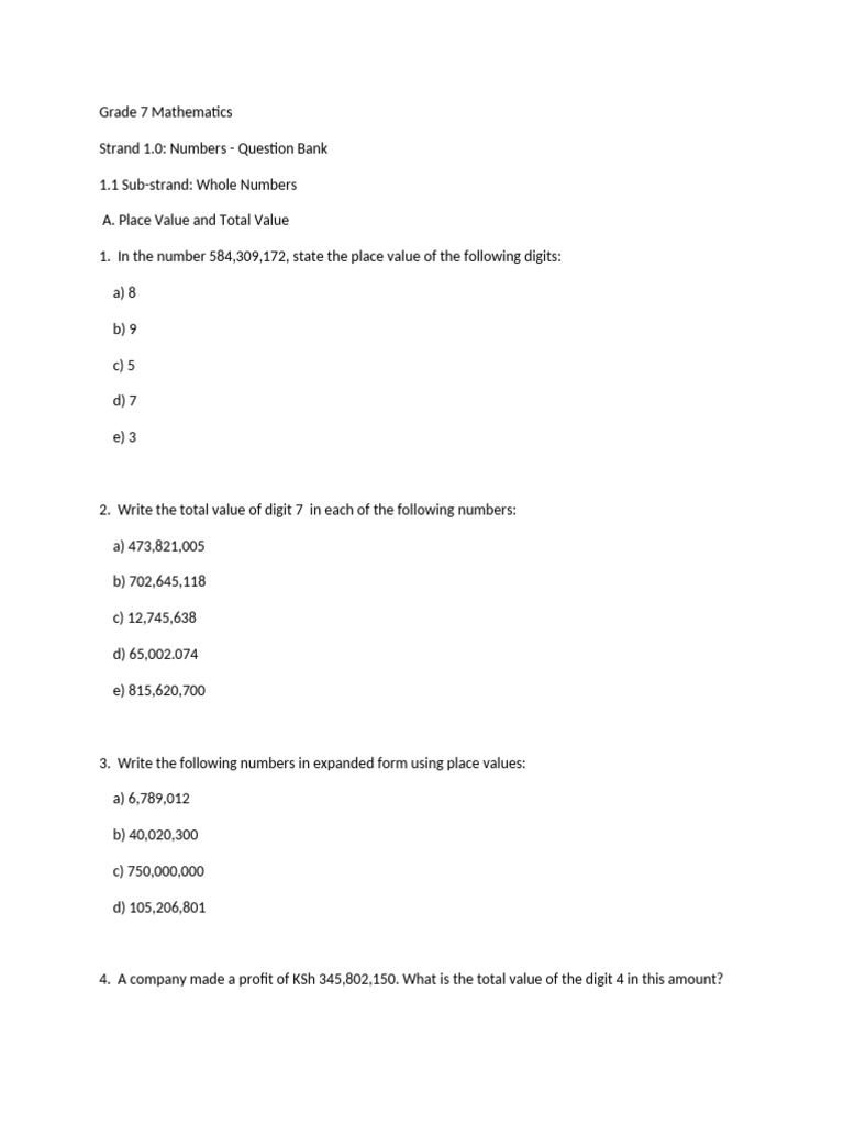 Grade 7 Math Question Bank: Numbers | PDF | Odds | Arithmetic